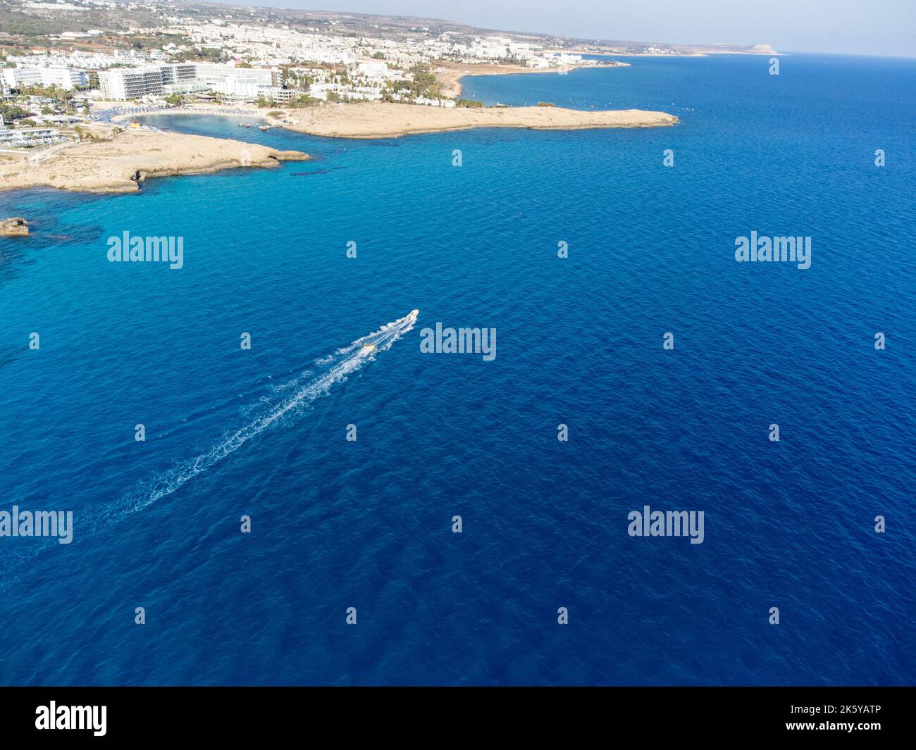 Aerial panoramic view on blue crystal clear water on Mediterranean sea ...