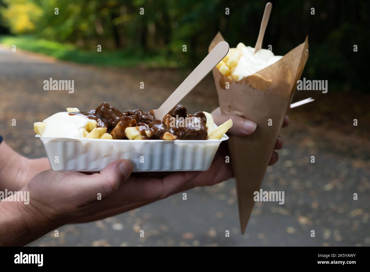 Traditional fast and street food in Belgium, French fried potatoes with ...