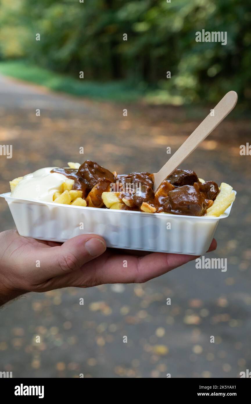 Traditional fast and street food in Belgium, French fried potatoes with ...