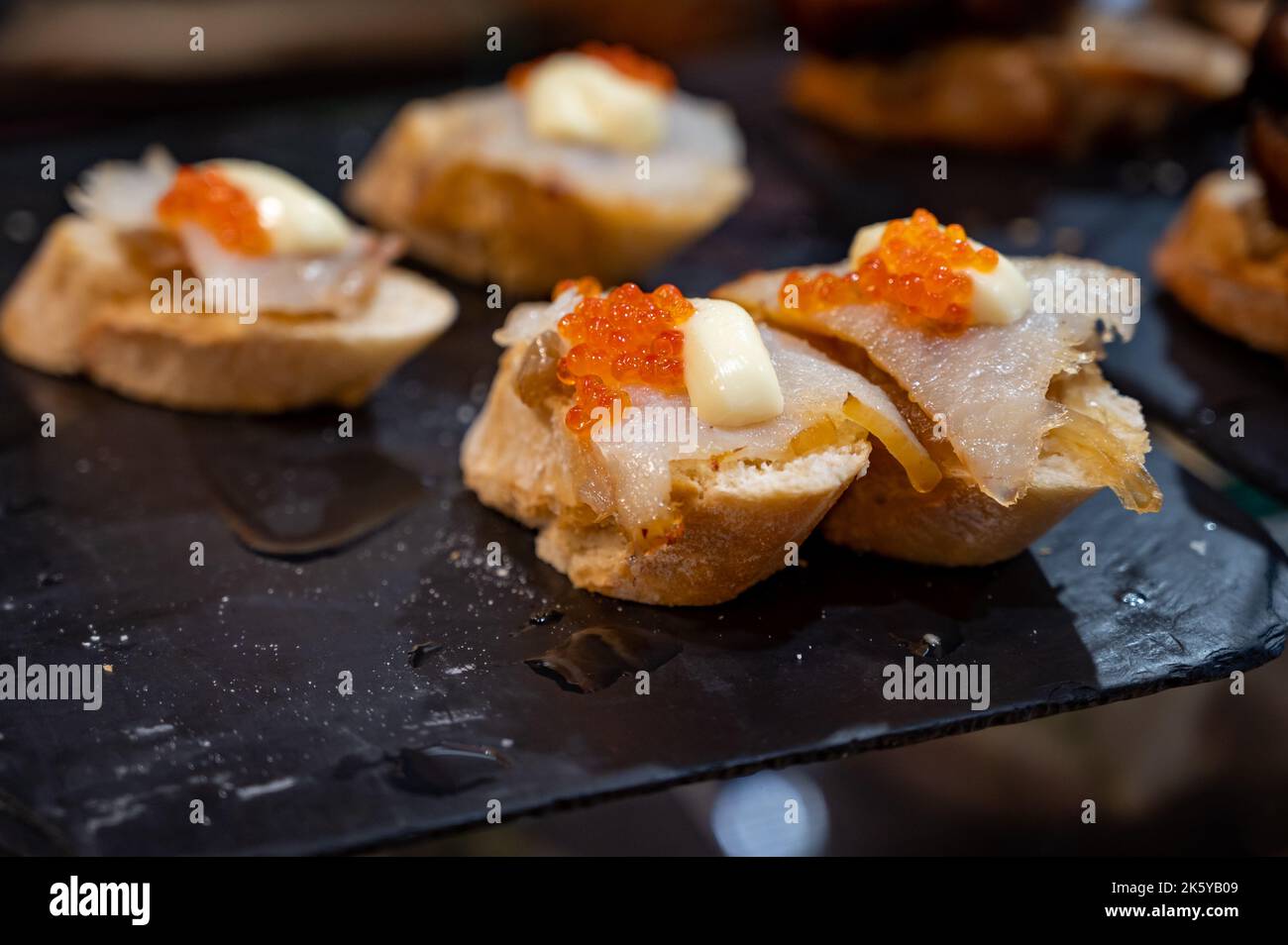 Typical snack of Basque Country and Navarre, pinchos or pinxtos, ready ...