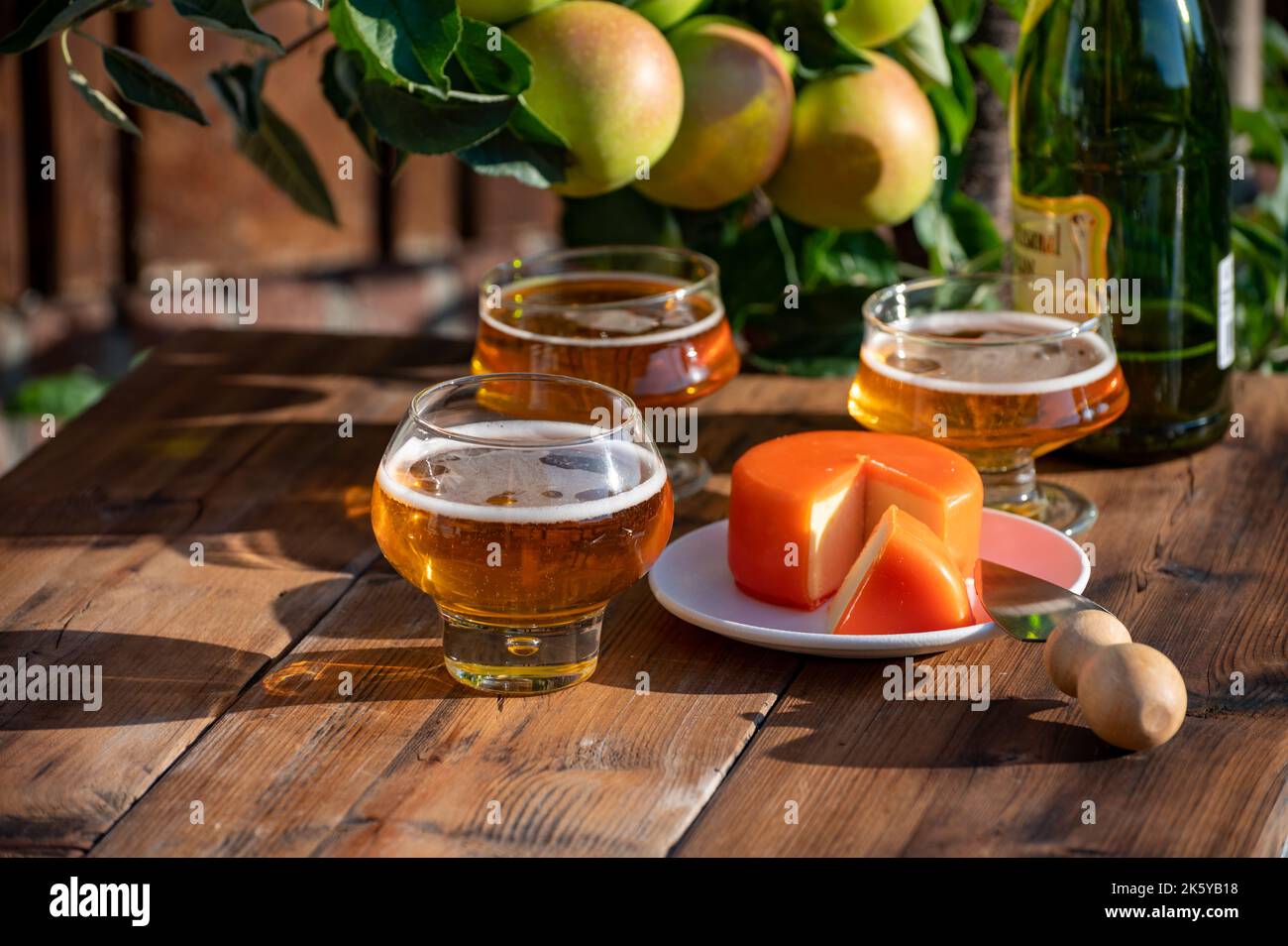 Food and drink pairing, apple cider in glasses produced on organic farm ...