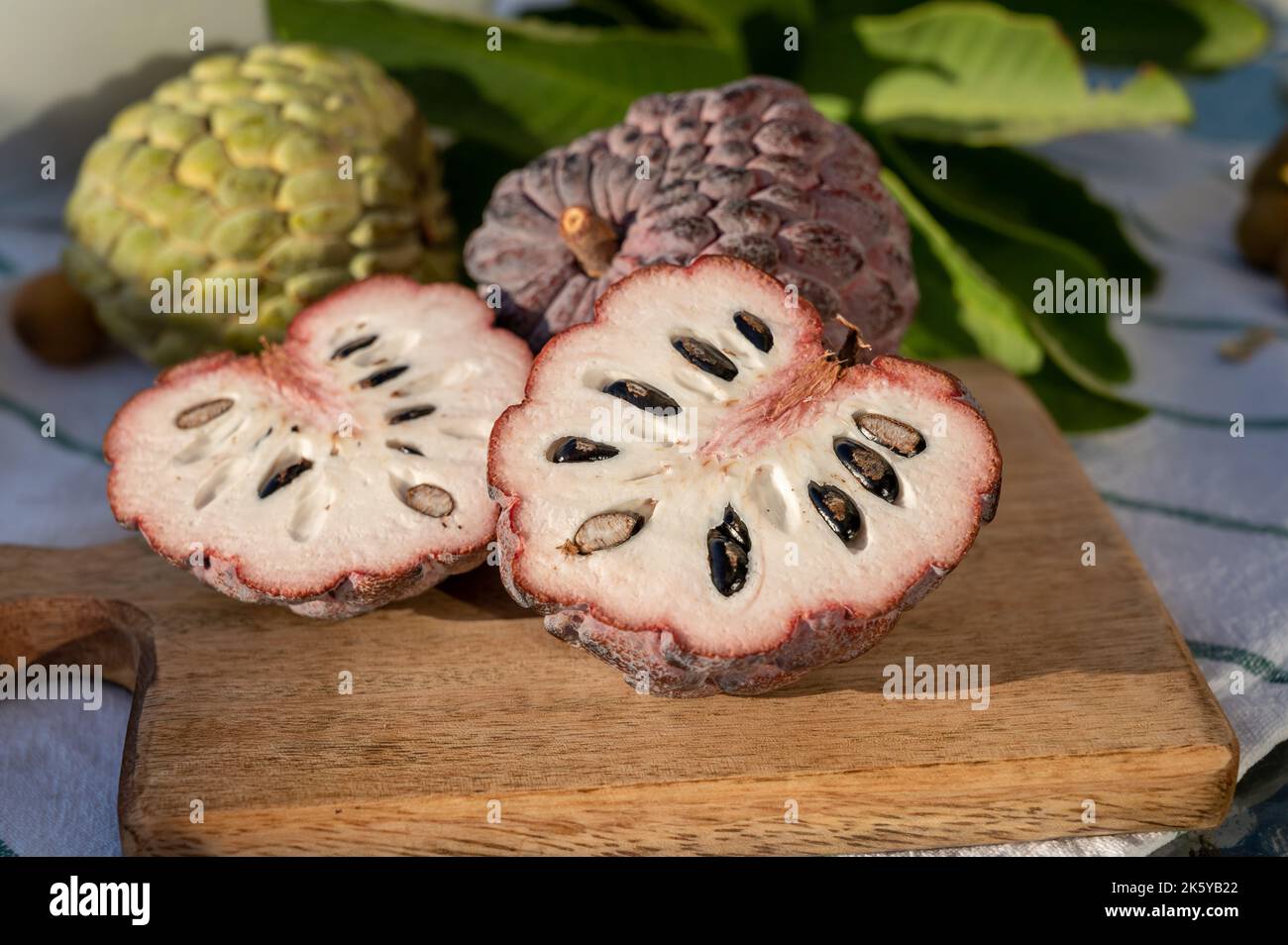 Cherimoya or custard apple tasty ripe tropical exotic fruits close up ...