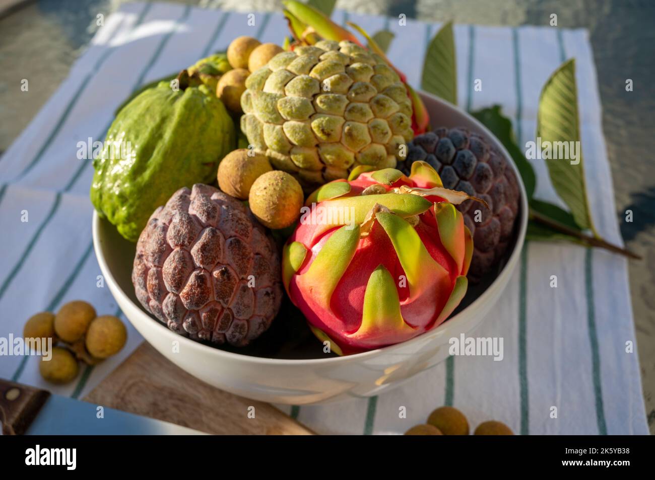 Variaty of tasty tropical exotic fruits, ripe fresh lychee, dragon ...