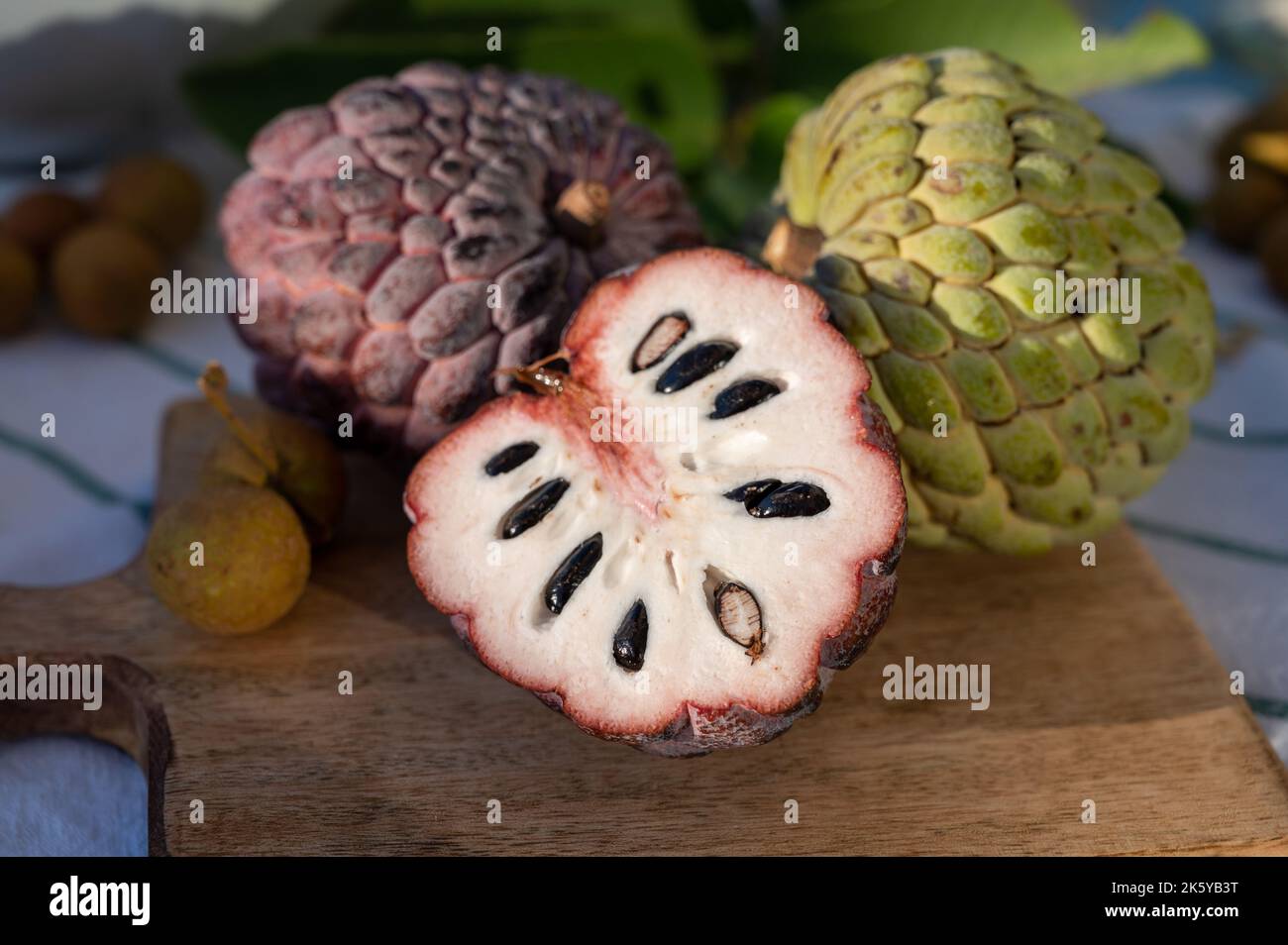 Cherimoya or custard apple tasty ripe tropical exotic fruits close up ...