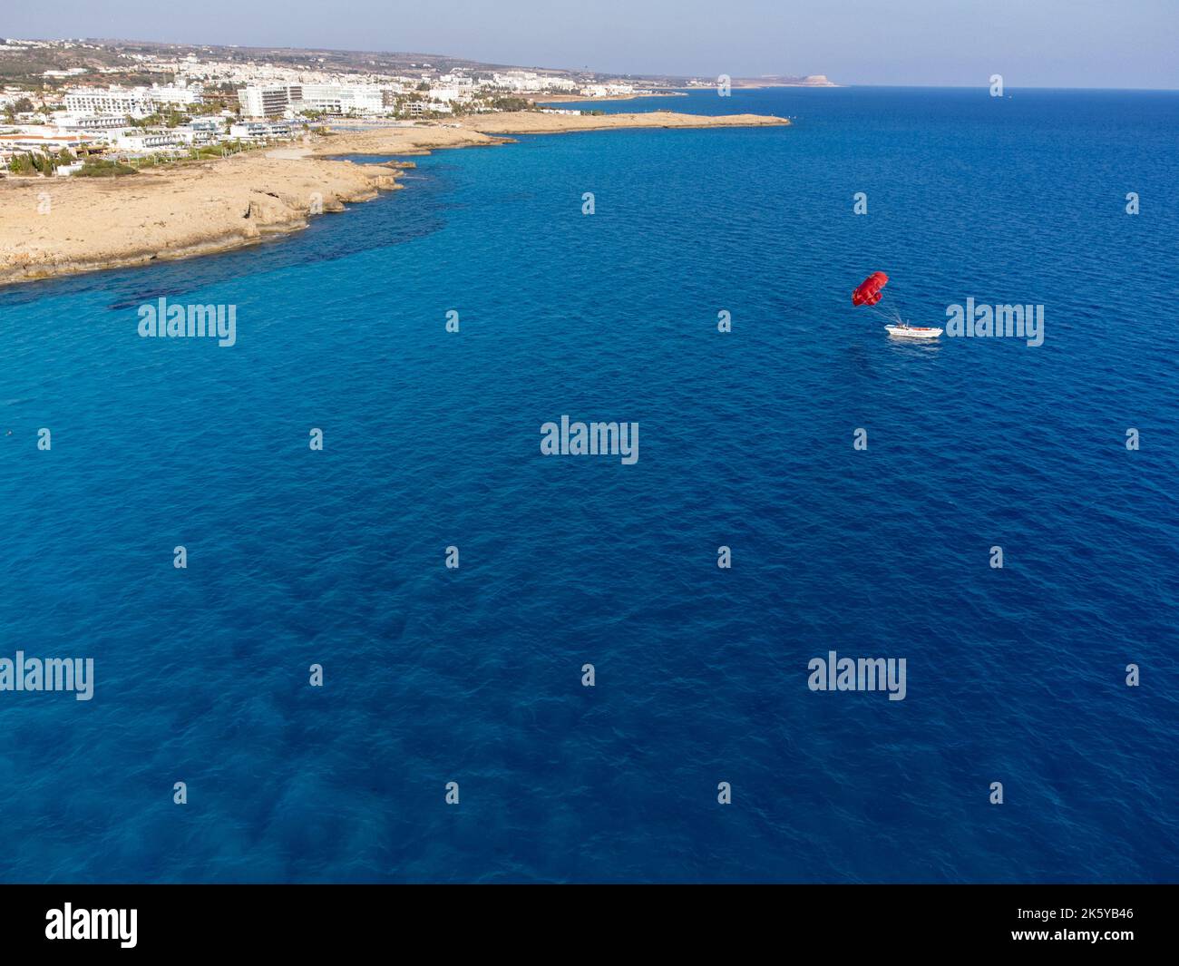 Aerial panoramic view on blue crystal clear water on Mediterranean sea ...