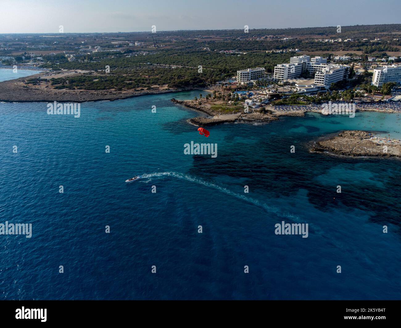 Aerial panoramic view on blue crystal clear water on Mediterranean sea ...