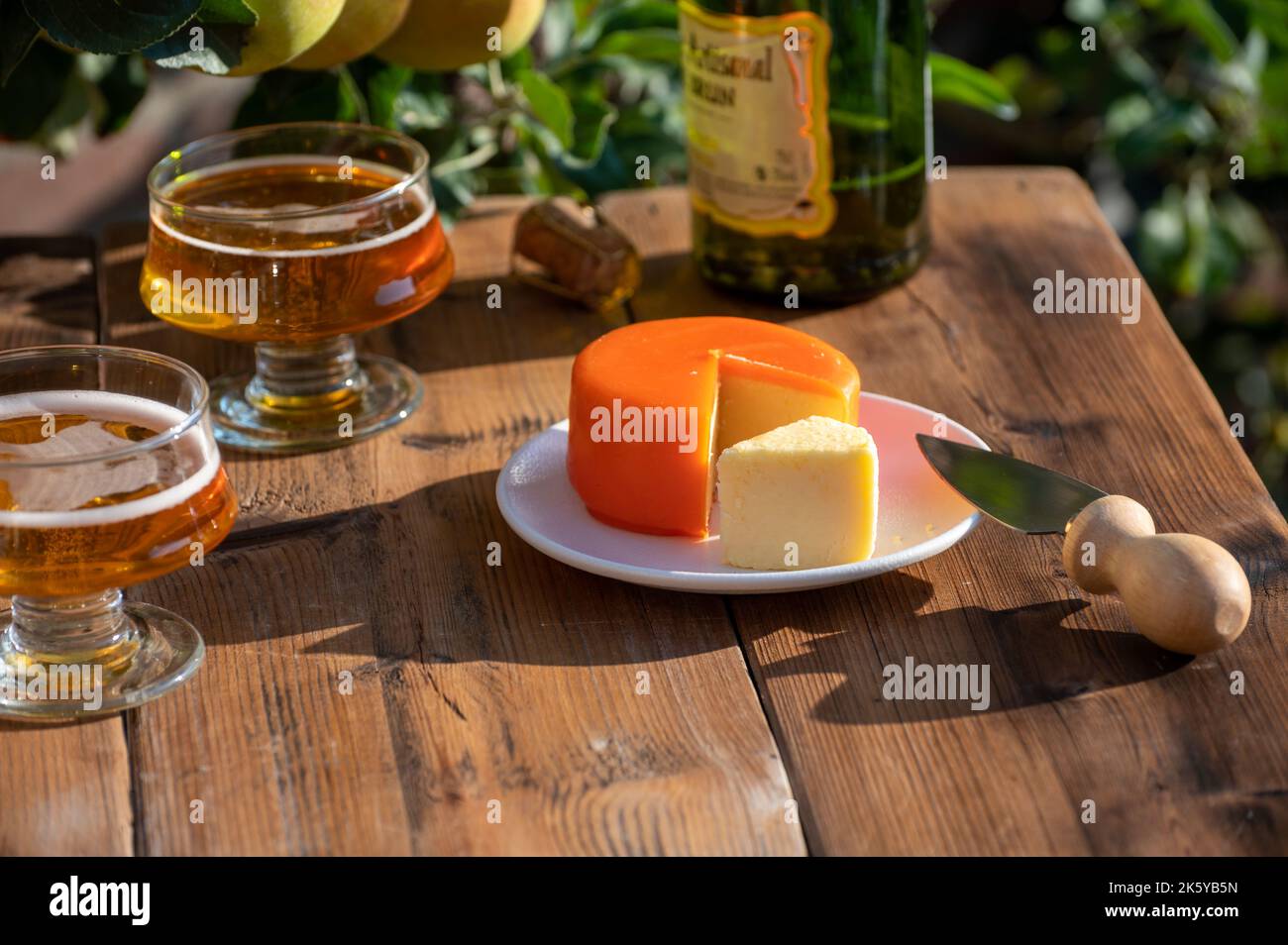 Food and drink pairing, apple cider in glasses produced on organic farm ...
