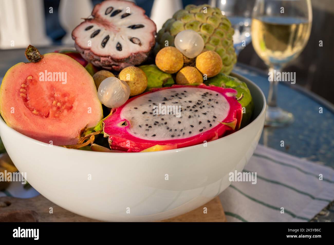 Variaty of tasty tropical exotic fruits, ripe fresh lychee, dragon ...