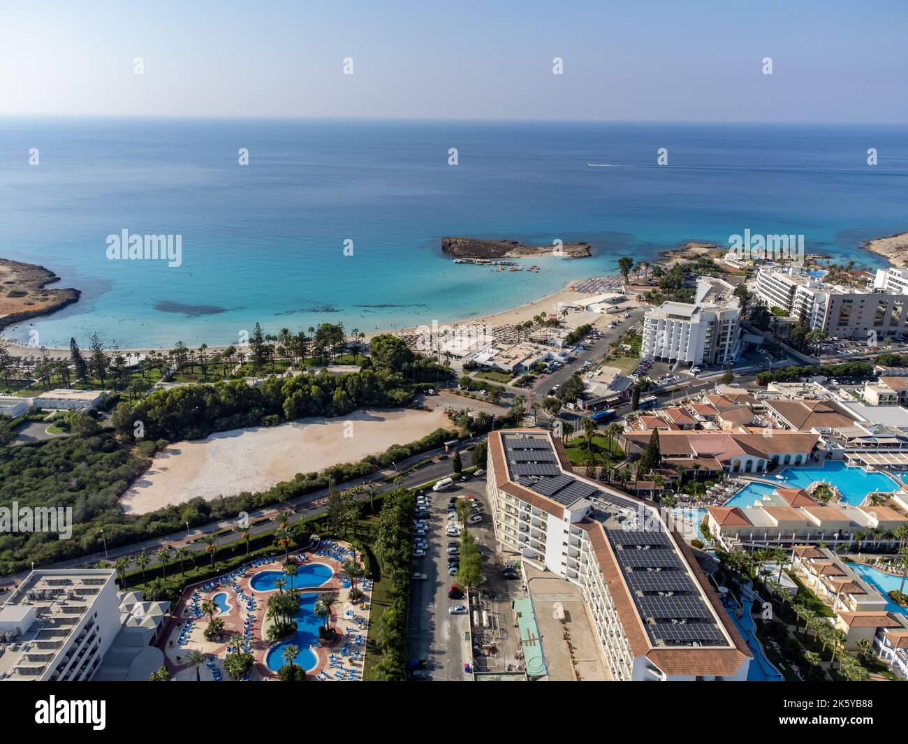 Aerial panoramic view on blue crystal clear water on Mediterranean sea ...
