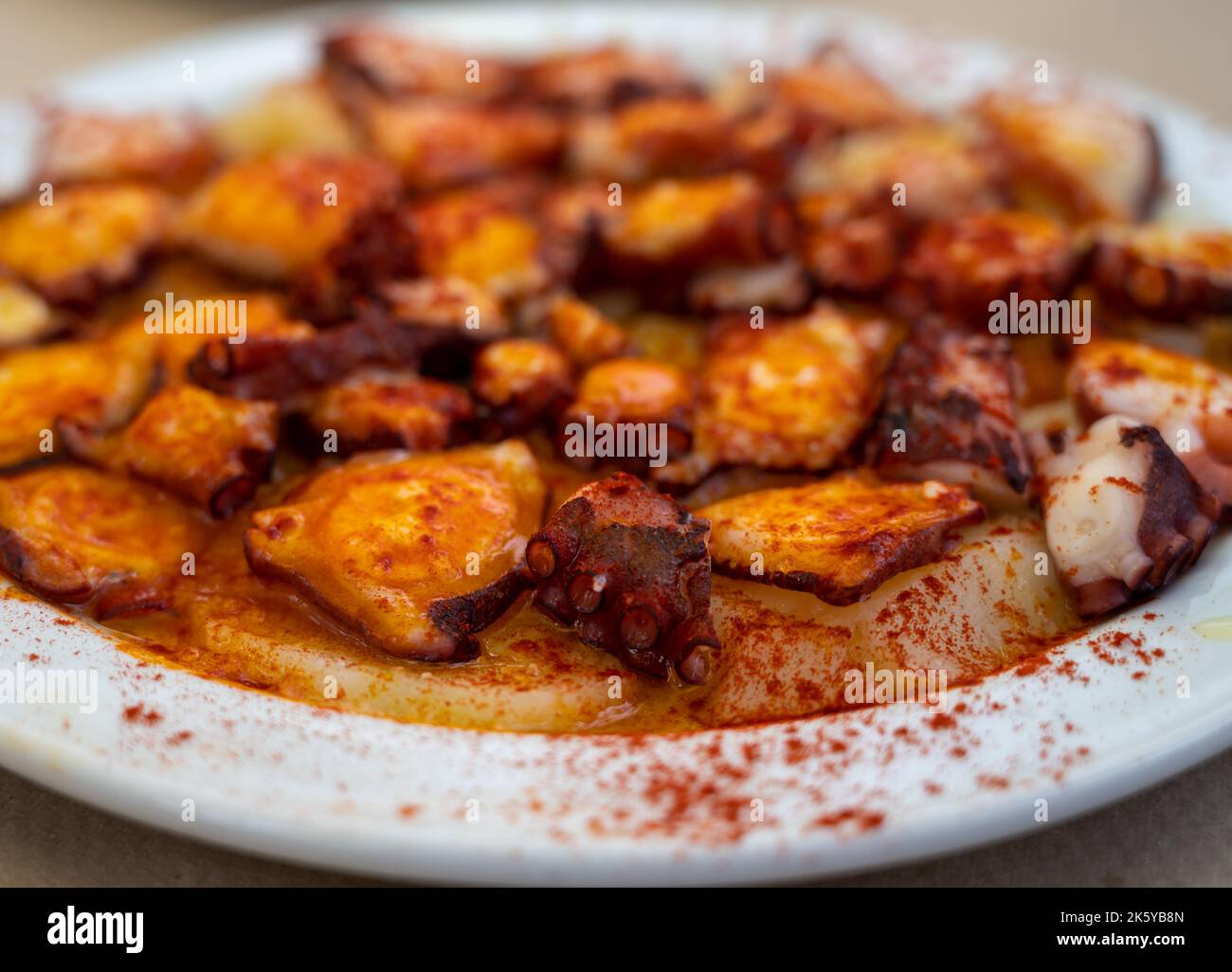 Tasty seafood, grilled octopus galician style with red pimento paprika ...