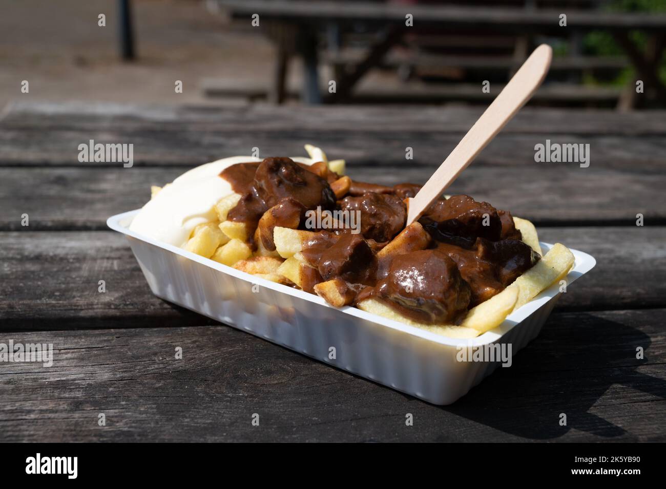 Traditional fast and street food in Belgium, French fried potatoes with ...