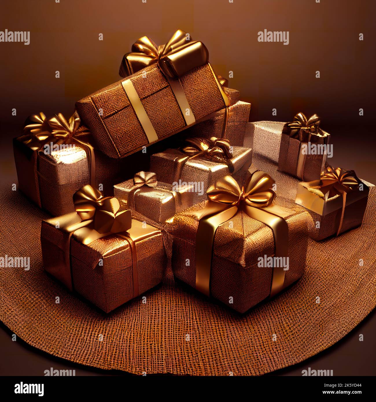 A collection of golden gifts wrapped with ribbons lying on the ground ...