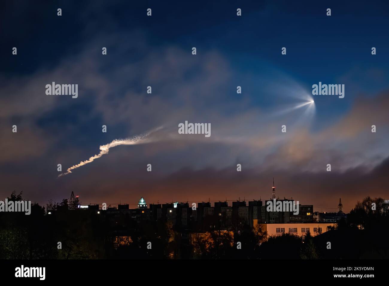 Soyuz space rocket launch. Space jellyfish in sky. Plume of rocket ...