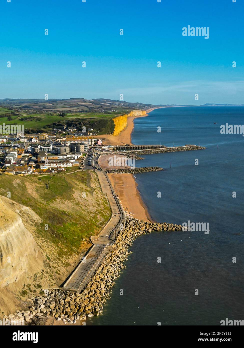 View from the air of the seaside resort of West Bay on the Dorset ...