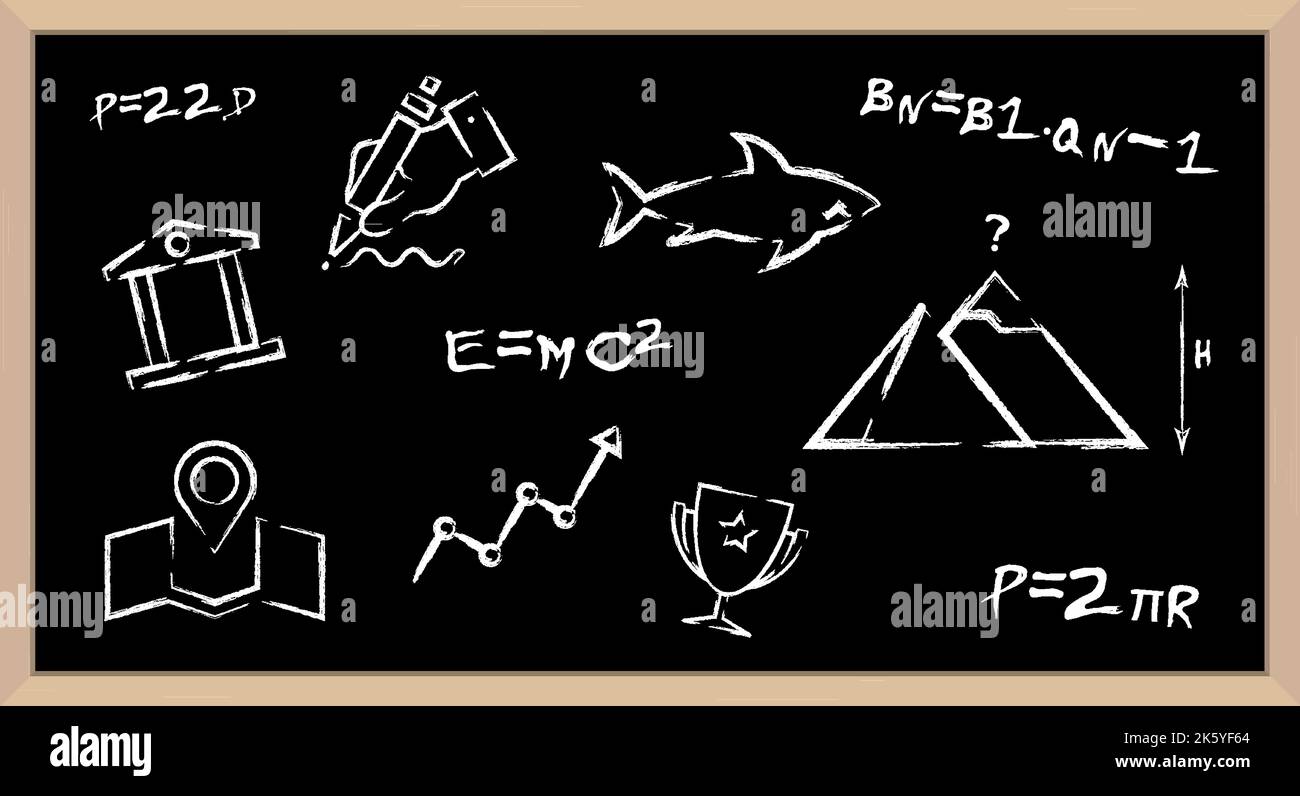 Black school board in a light wooden frame. Chalk board with school formulas. 3D realistic ...