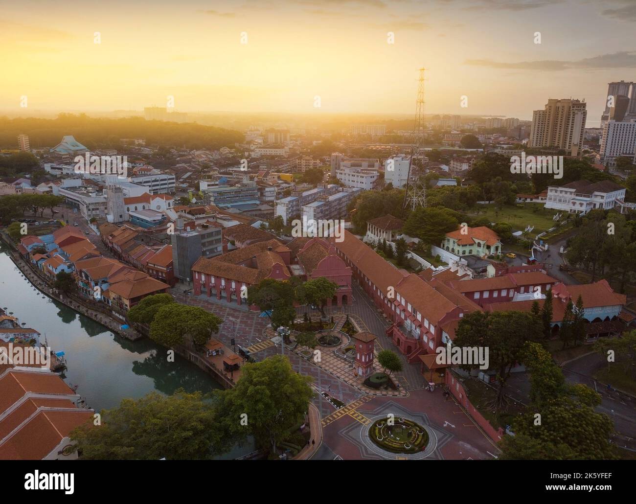 Aerial view Malacca city during sunrise. Noise slightly appear due to ...