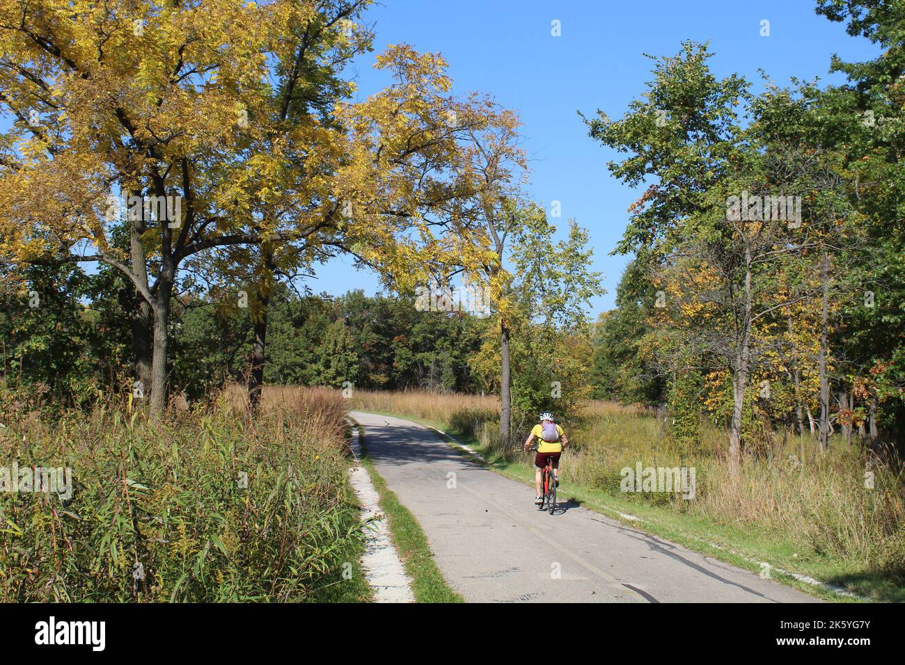 Man riding a bicycle in fall at Miami Woods on the North Branch Trail ...