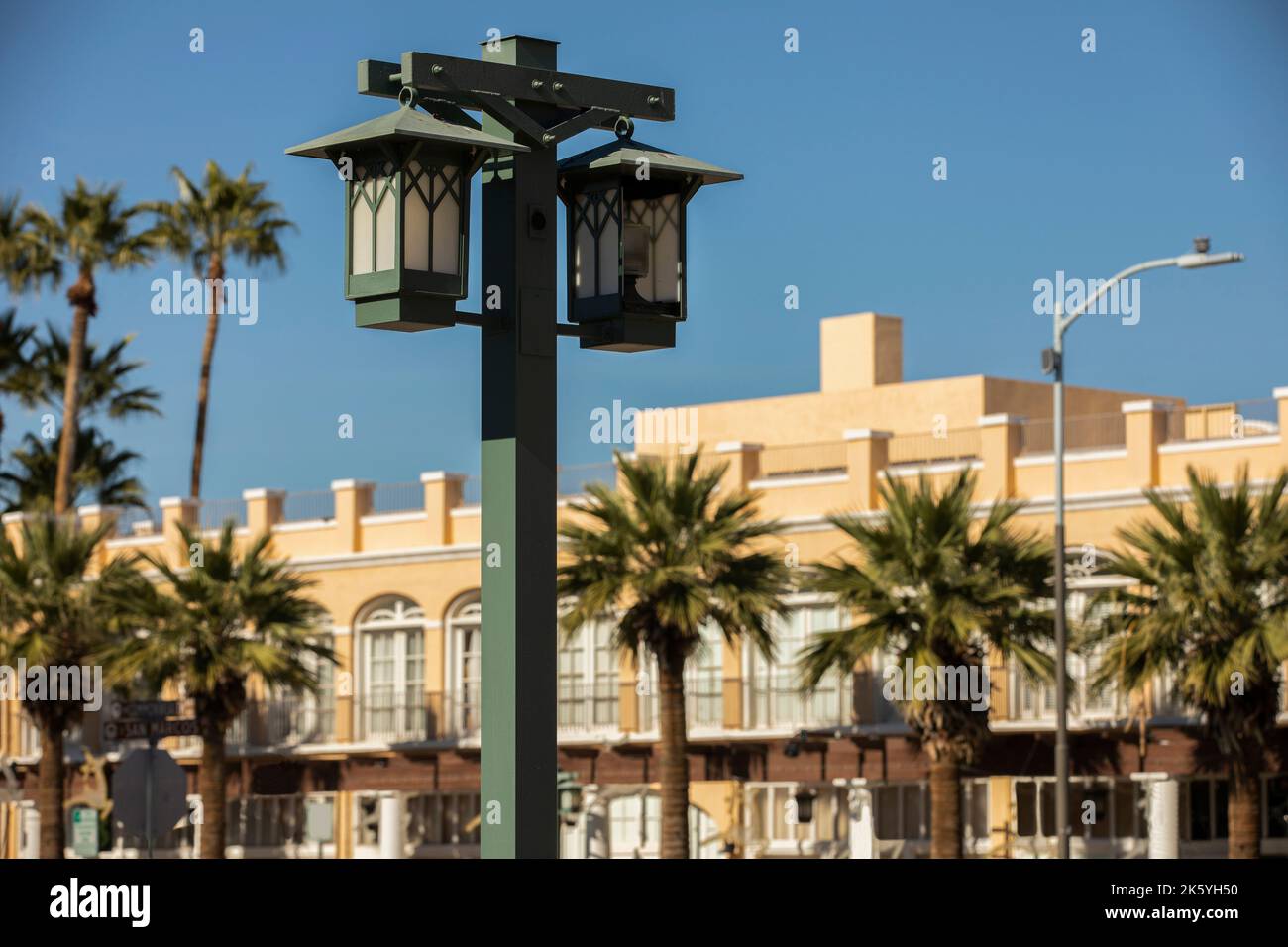 Street lamp framed view of downtown Chandler, Arizona, USA Stock Photo ...