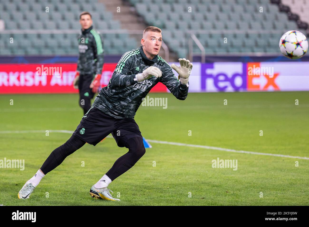 Andriy Lunin of Real Madrid seen in action during the official training ...