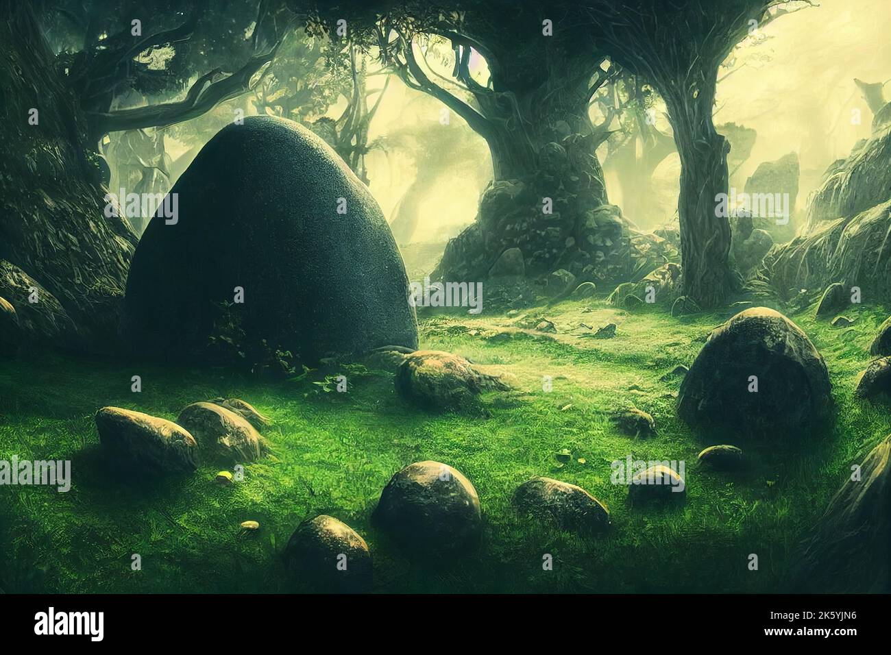 An illustrated forest with huge rocks and old trees Stock Photo - Alamy