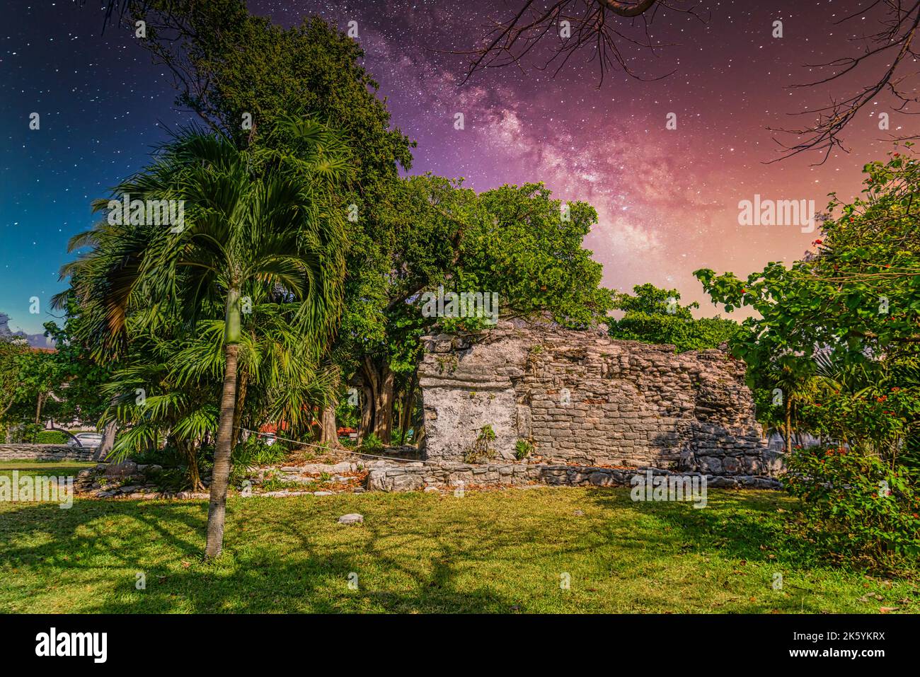 Playacar Mayan ruins with Milky Way Galaxy stars night sky in Playa del ...