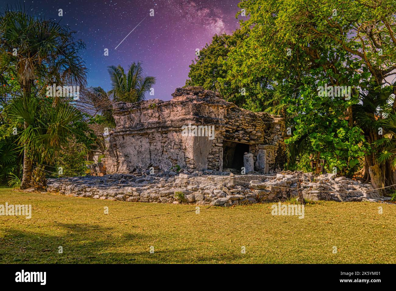 Playacar Mayan ruins with Milky Way Galaxy stars night sky in Playa del ...