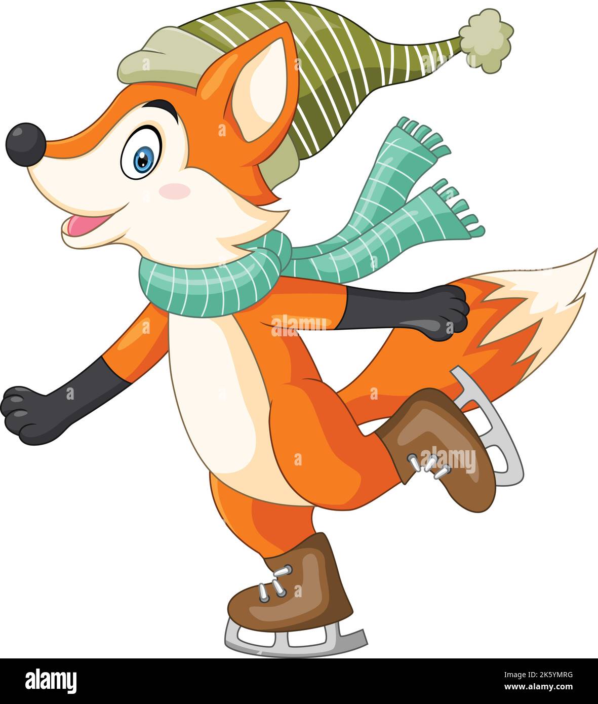 Cute fox cartoon wearing scarf and hat on ice skating Stock Vector ...