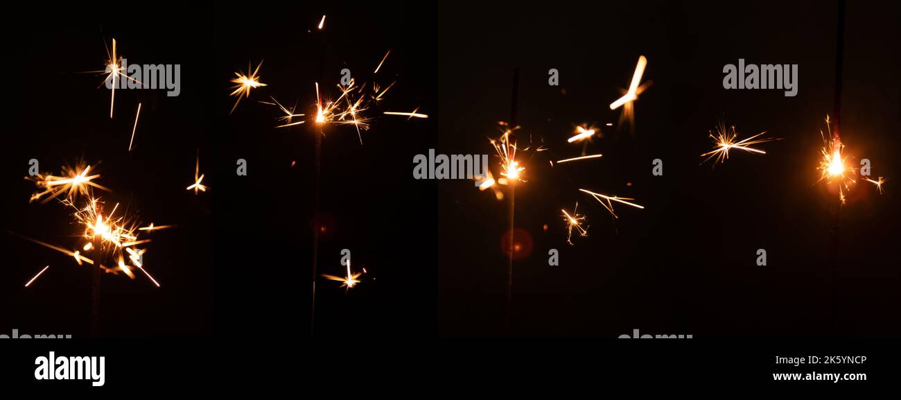 Set of sparkler with sparks with lens glare on black background for ...