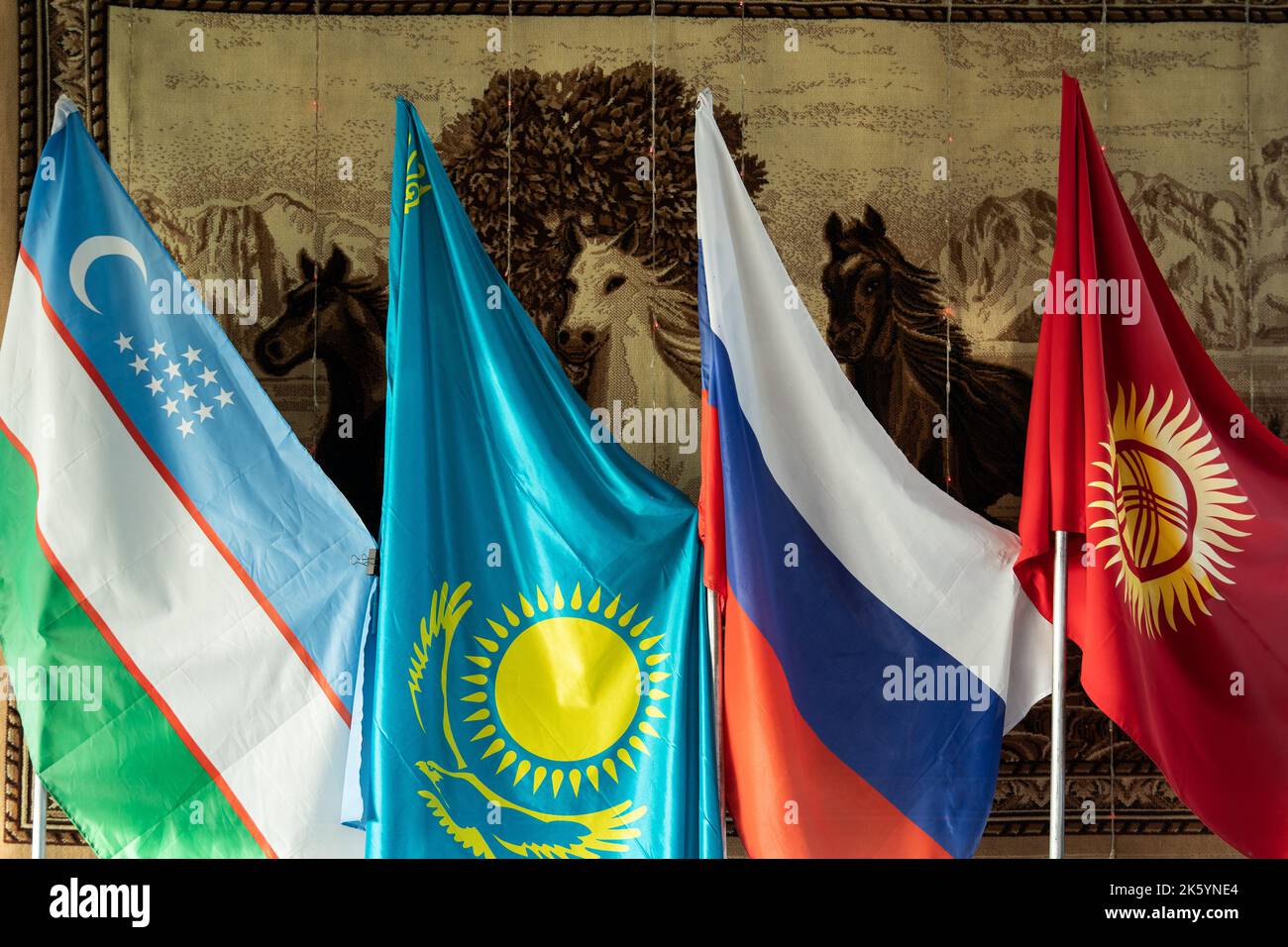 4 Central Asian state flags - Uzbekistan, Kazakhstan, Russian Federation and Kyrgyzstan Stock ...