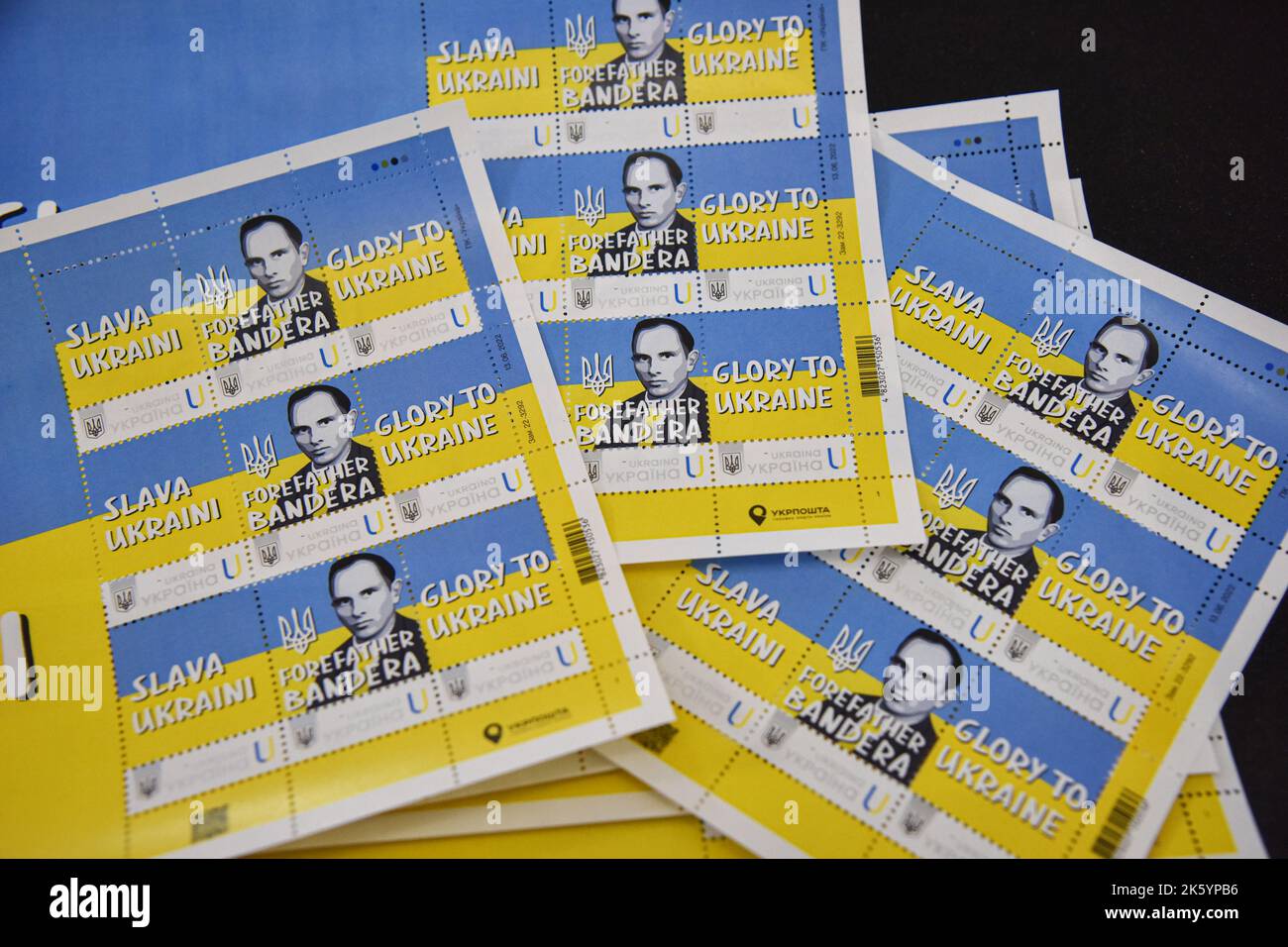 Lviv, Ukraine. 30th Sep, 2022. Stamps dedicated to Ukrainian political ...