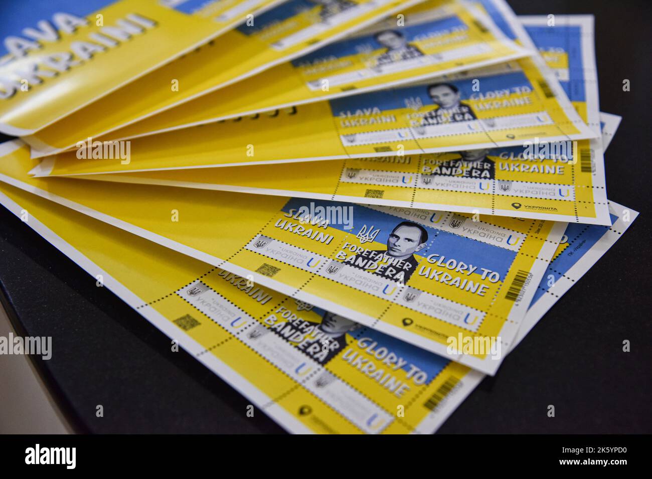 Lviv, Ukraine. 30th Sep, 2022. Stamps dedicated to Ukrainian political ...