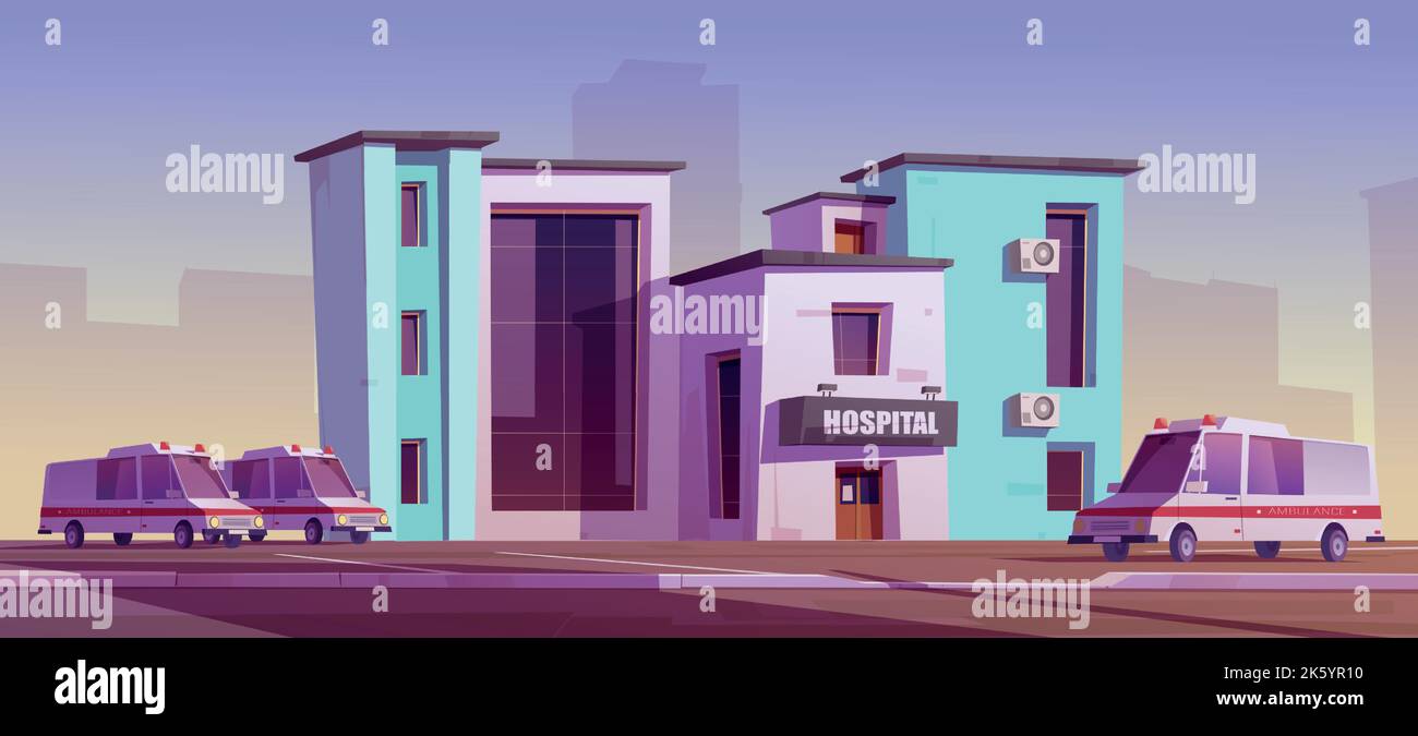 Hospital clinic building exterior with ambulance car truck riding and ...