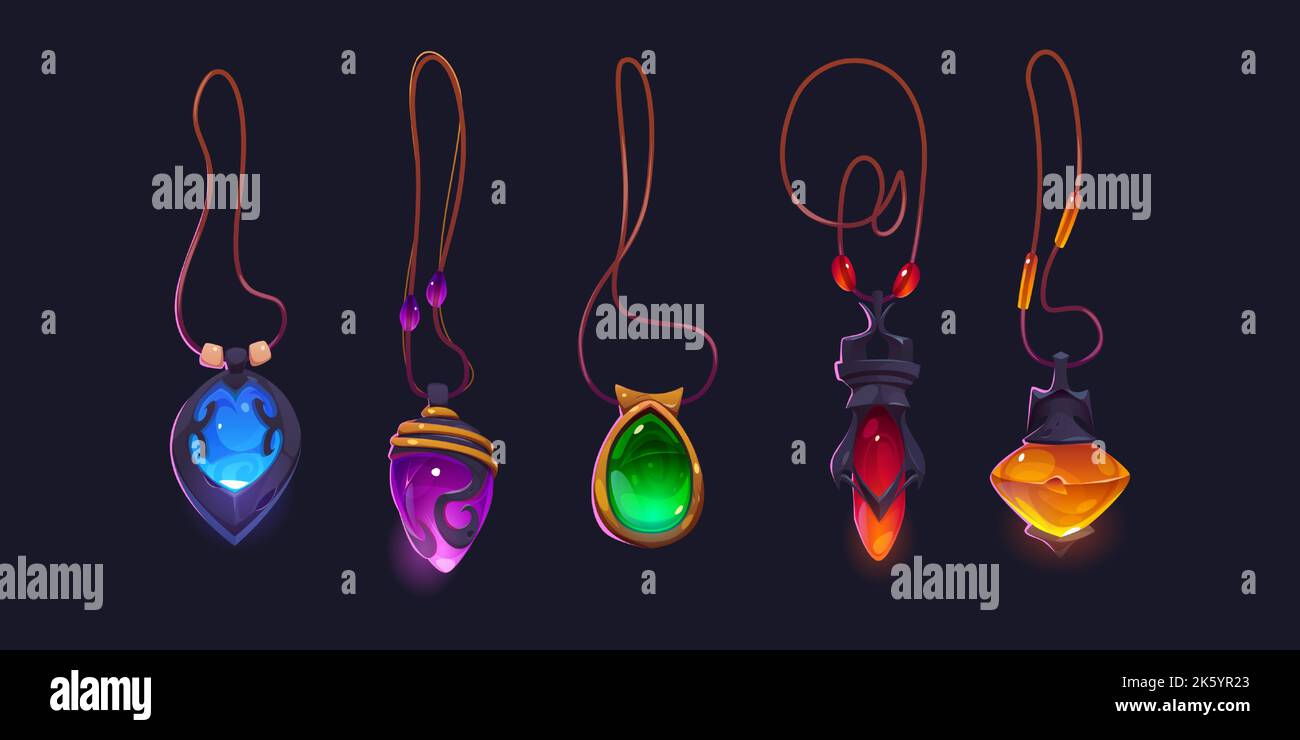 Set of magic amulets on necklace isolated on dark background. Cartoon ...