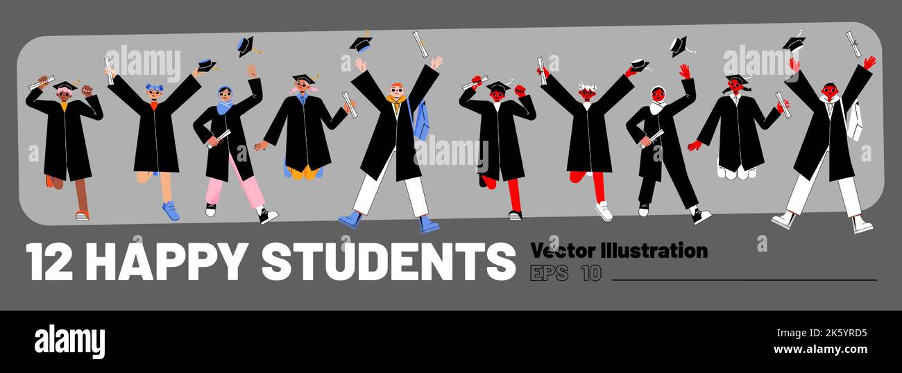 Happy students, college or university graduates jump and throw up ...