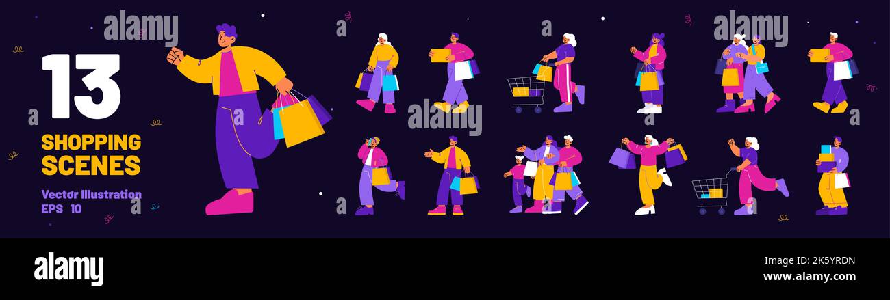 Set of shopping scenes with people with bags, carts and boxes in store ...