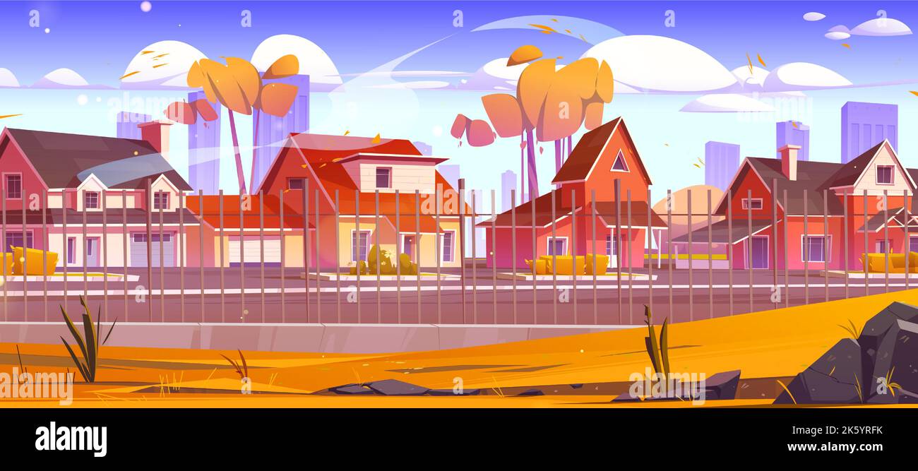 Suburban street behind metal fence in autumn. City suburb district ...