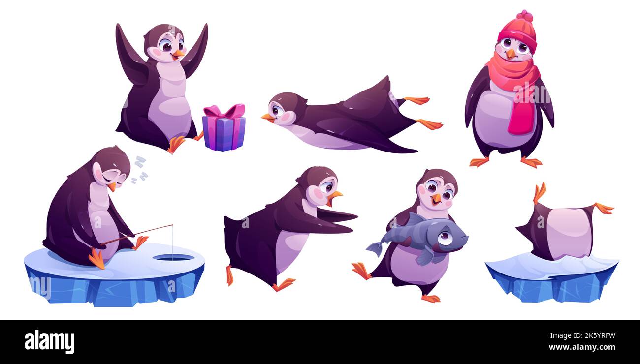 Cute penguin character in different poses in winter. Funny antarctic ...