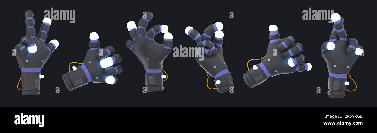 3D illustration set of robotic hand gestures isolated on black ...