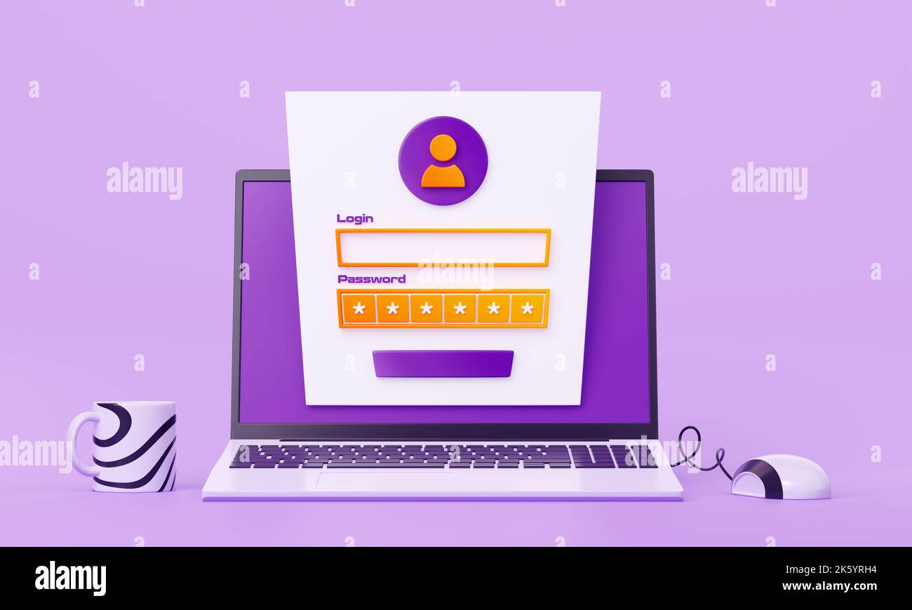 Laptop with login and password form on screen, computer mouse and cup ...