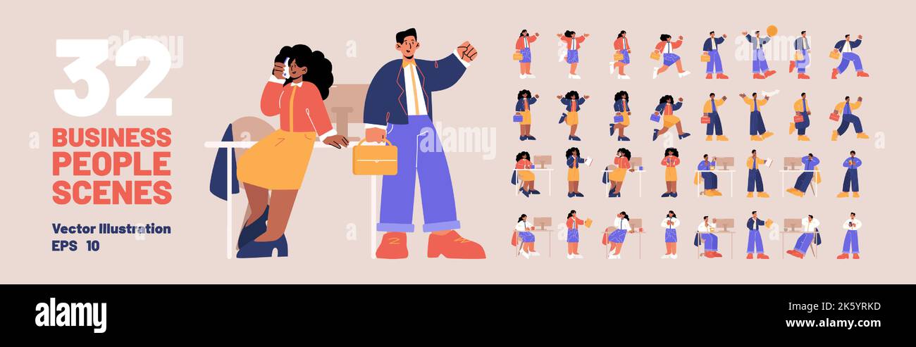 Business people scenes set with diverse men and women on workplace with ...
