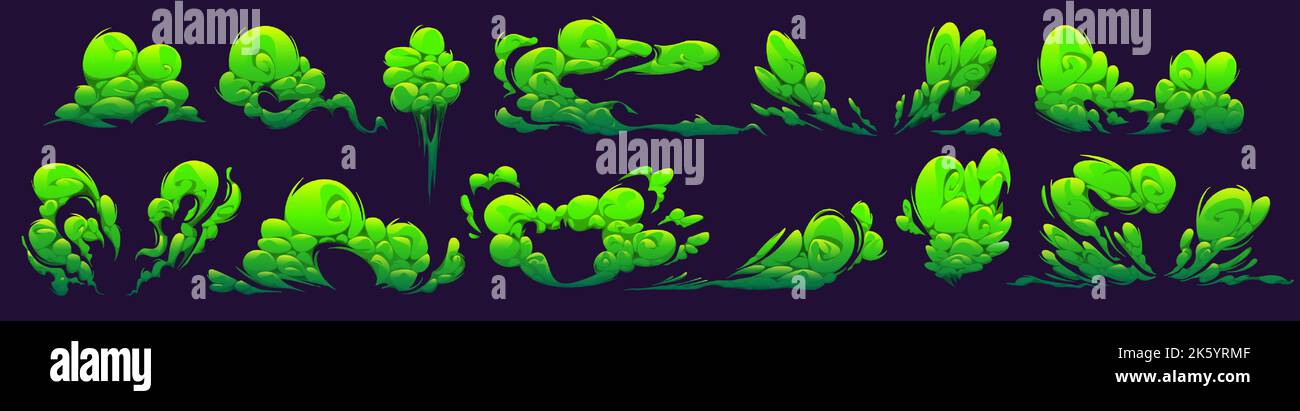 Bad smell, green smoke and toxic clouds isolated set. Cartoon vector ...