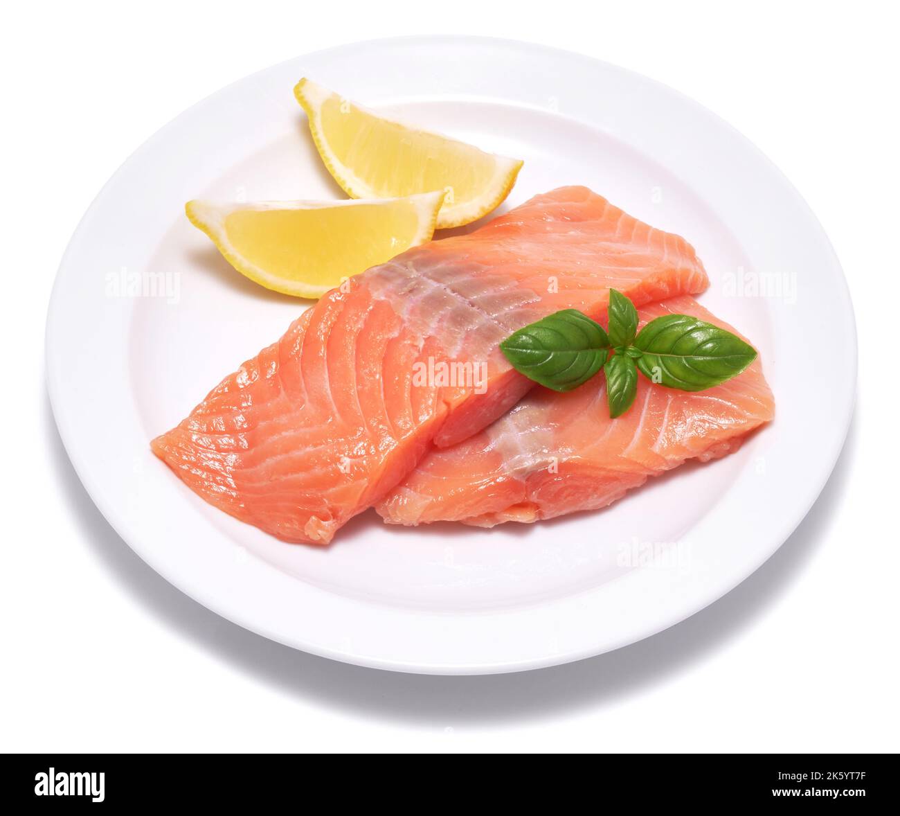 piece of salmon fillet on a ceramic plate isolated on white background ...