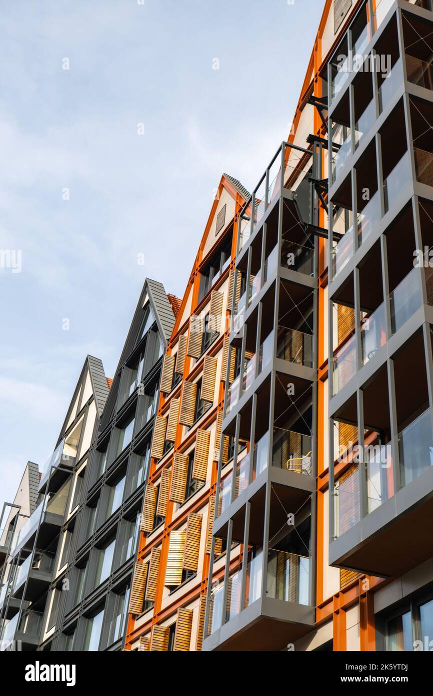Modern buildings over the Motlawa River in Old Town. Abstract structure ...