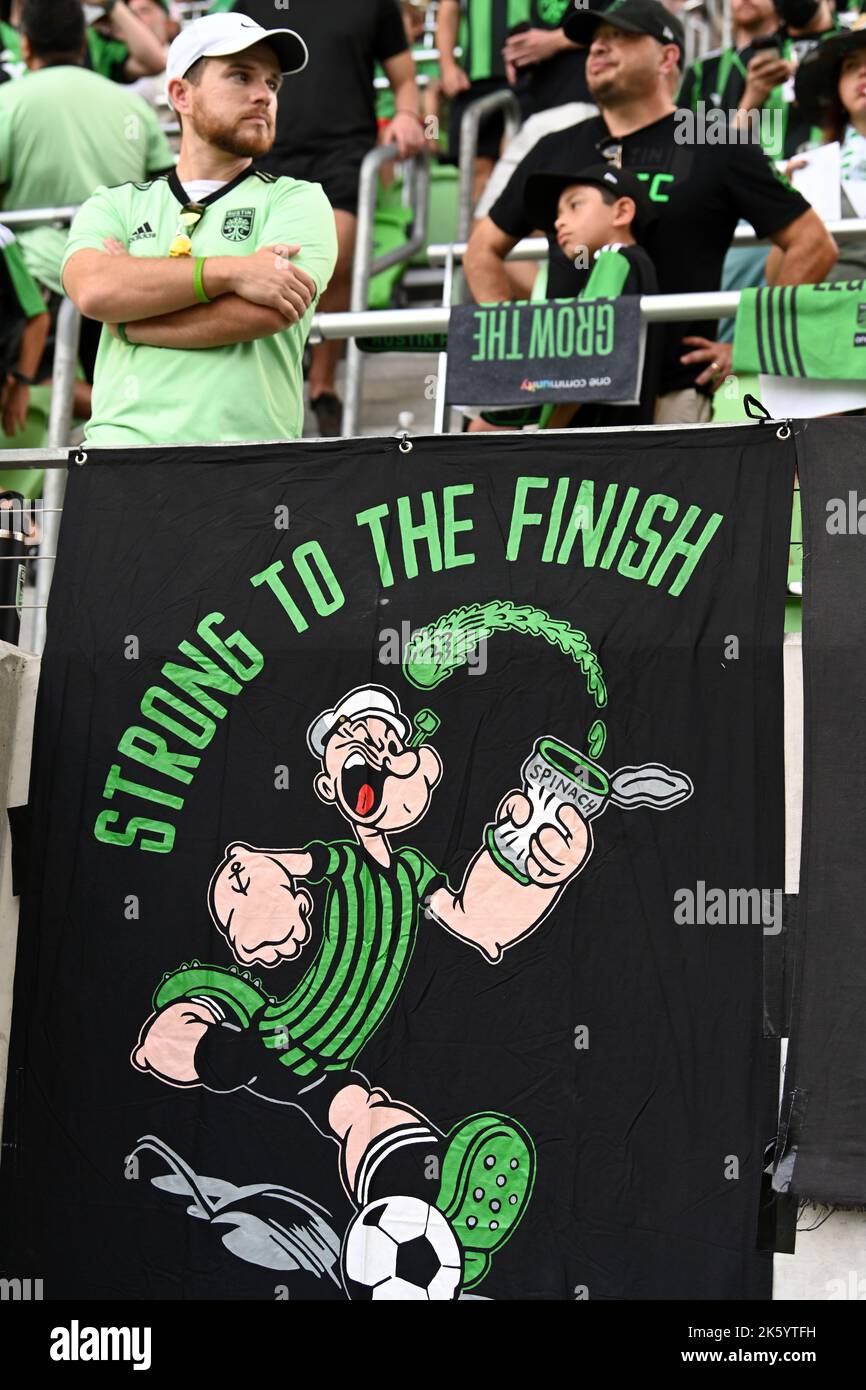 AUSTIN, TX - OCTOBER 9: An Austin FC fan displays a sign featuring ...
