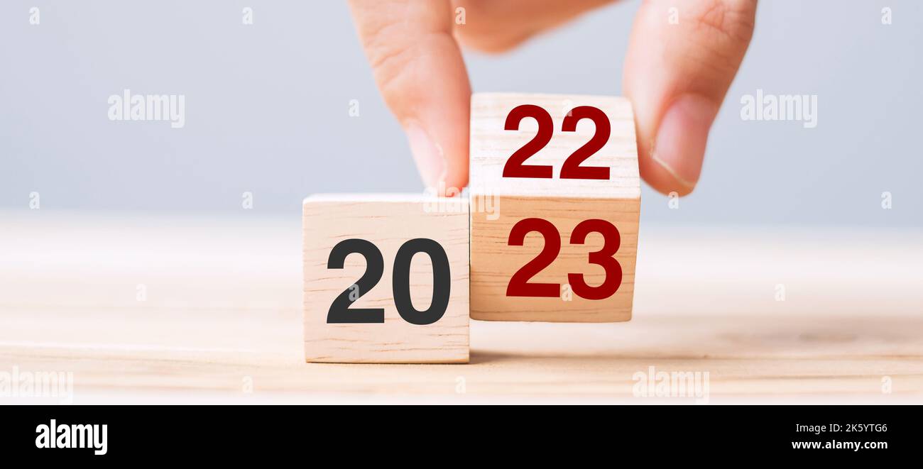 hand flip cube block 2022 to 2023 text on table. Resolution, review ...
