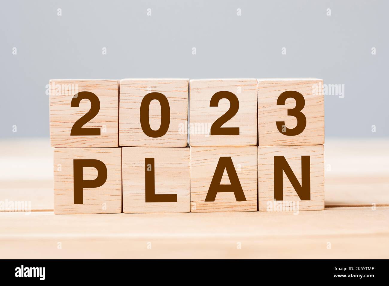 block 2023 PLAN text on table. Resolution, strategy, goal, motivation ...