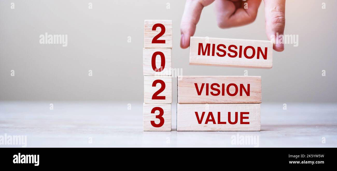 wooden block with text 2023 MISSION, VISION and VALUE on table ...
