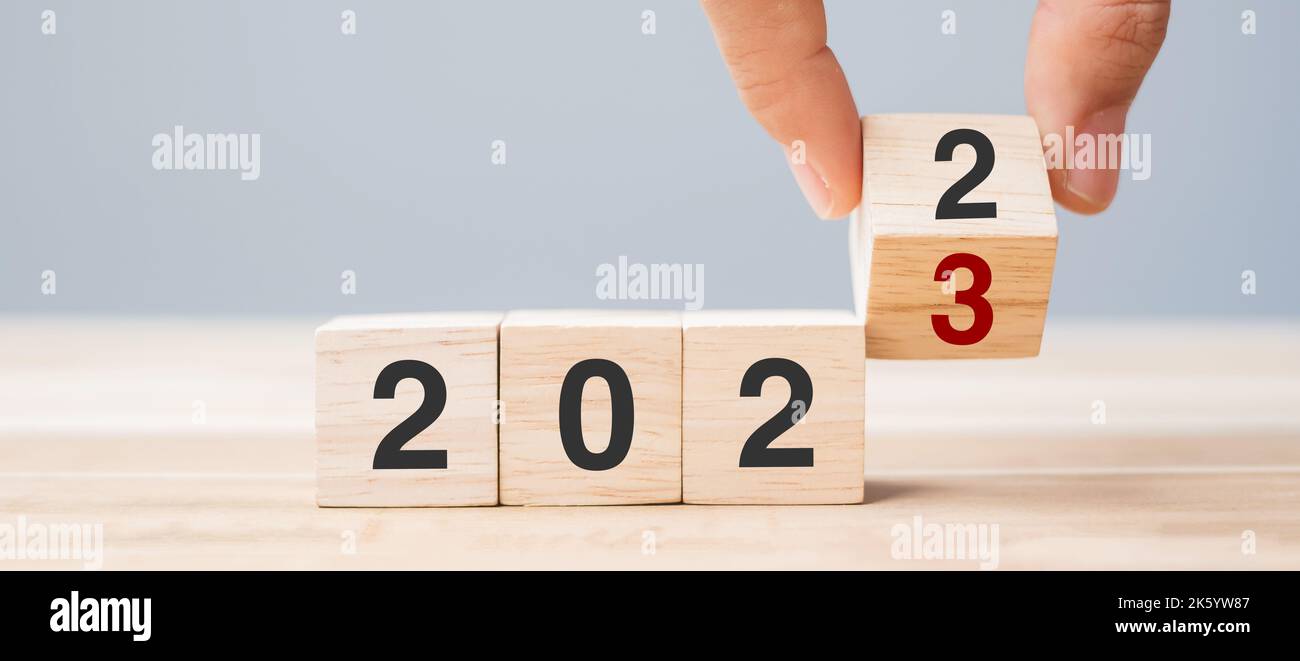 hand flip cube block 2022 to 2023 text on table. Resolution, review ...