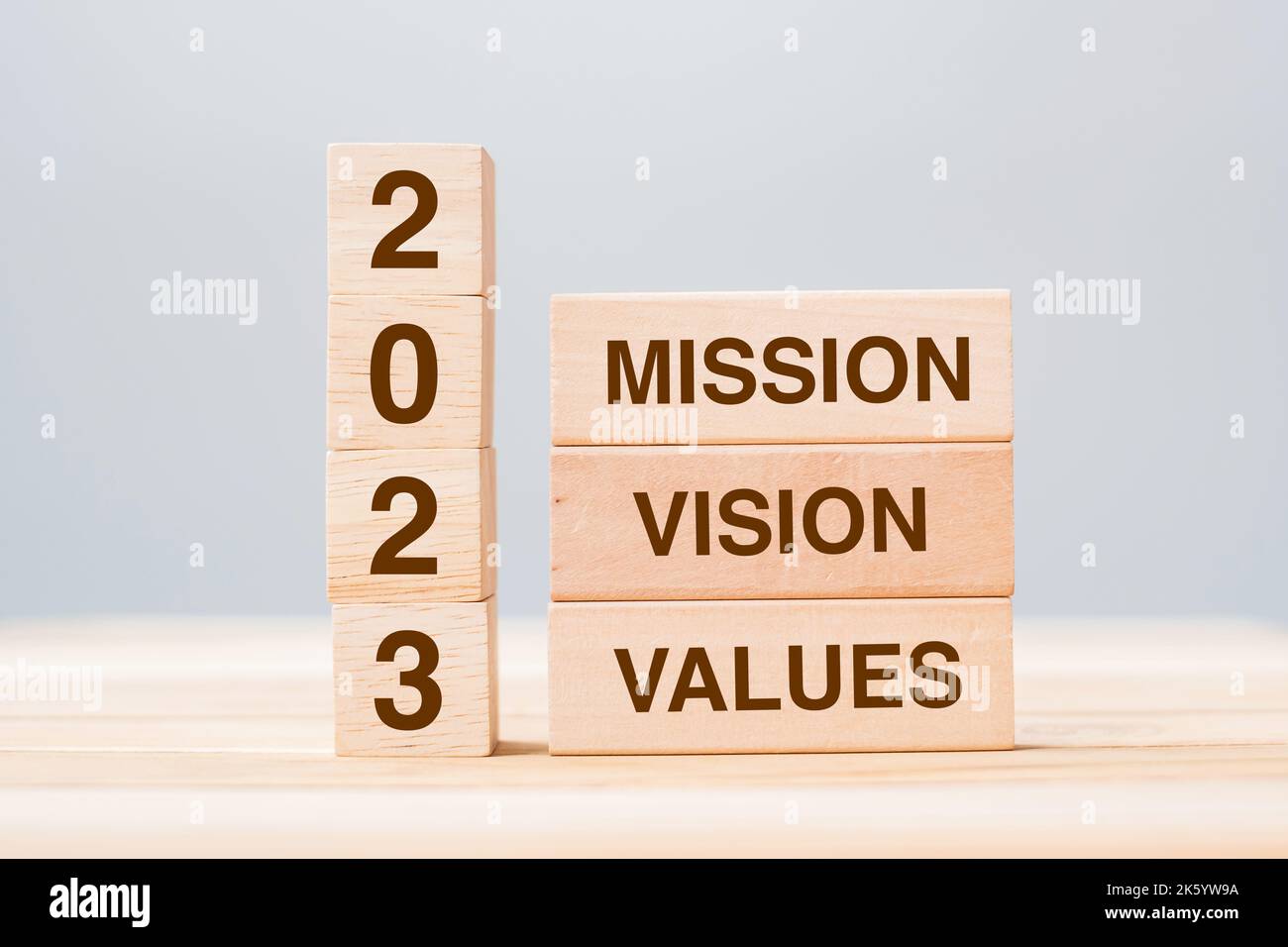 wooden block with text 2023 MISSION, VISION and VALUE on table ...