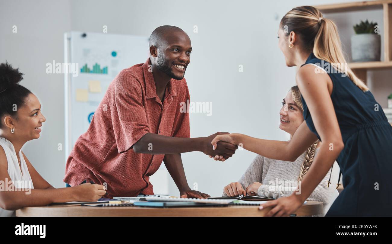 Partnership, handshake and people in business meeting in multicultural ...